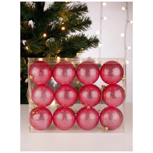 Набор ёлочных шаров AREA61, 6см, 12шт, красные в кружочек, в прозрачной упаковке