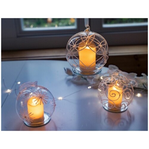 Edelman, Светящееся ёлочное украшение свеча В шаре орнамент снежинки, мерцающий тёплый белый LED-огонь, 10 см, батарейки 1088131-3