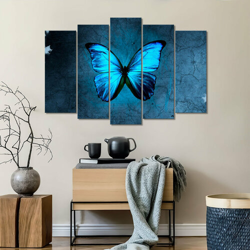 Модульная картина/Модульная картина на холсте/Модульная картина в подарок/ Голубая бабочка на синеМфоне/Blue butterfly on a blue background 150х100