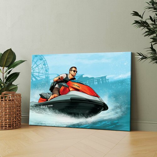 Картина на холсте (Мужчина катается на водном мотоцикле в океане) 40x60 см. Интерьерная, на стену.