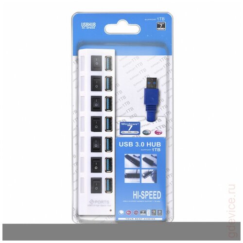 USB 3.0 хаб с выключателями, 7 портов, СуперЭконом, белый, SBHA-7307-W