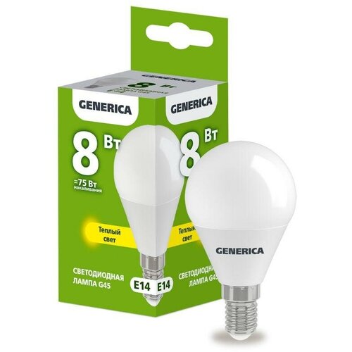Лампа светодиодная G45 8Вт шар 3000К E14 230В | код. LL-G45-08-230-30-E14-G | GENERICA (9шт. в упак.)