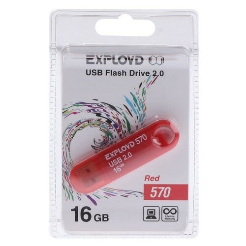 Флешка Exployd 570, 16 Гб, USB2.0, чт до 15 Мб/с, зап до 8 Мб/с, красная