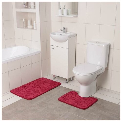 Набор ковриков для ванны и туалета Доляна "Галька, ракушки", 2 шт: 40x50, 50x80 см, цвет бордовый