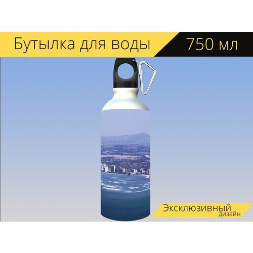 Бутылка фляга для воды "Прядь, береговая линия, пляж" 750 мл. с карабином и принтом