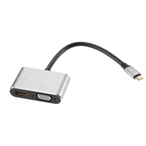 Vcom кабели TUC055 Кабель-концентратор USB3.1 TypeCm -->HDMI+USB3.0+PD+VGA Alum Grey 4K@30Hz, Telecom 6926123465530