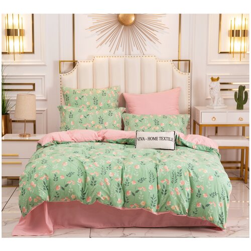 Комплект постельного белья VIVA HOME TEXTILE CN118, евростандарт, сатин, зеленый/розовый