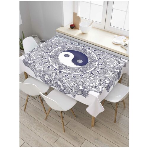 Скатерть прямоугольная JoyArty на кухонный стол "Инь и ян в цветочном узоре" из оксфорда, 180x145 см