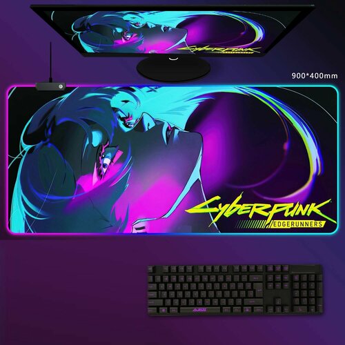 Коврик для мыши с подсветкой компьютерный большой игровой Cyberpunk, 90 x 40 см