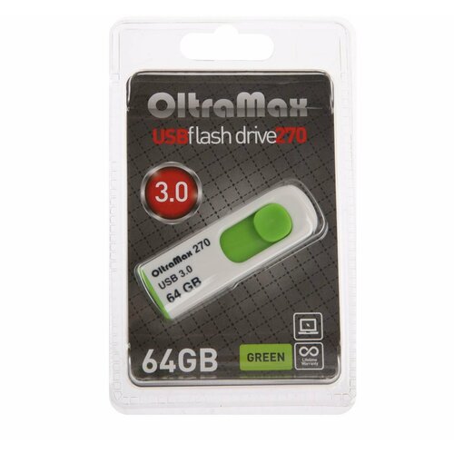 Флешка OltraMax 270, 64 Гб, USB3.0, чт до 70 Мб/с, зап до 20 Мб/с, зеленая