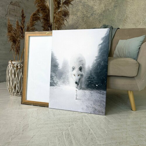 Картина на холсте (белый волк на скале снежный) 30x40 см/для интерьера/в комнату/на стену/в подарок