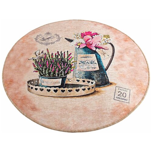 Коврик 100х100 см круглый в ванную, розовый, бежевый, цветы, не скользит, Chilai Home, 8682125917429