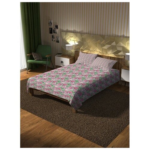 Покрывало на 2-спальную кровать Ambesonne "Разнообразие розовых цветов" 220х235 см, с 2 наволочками 50x70 см