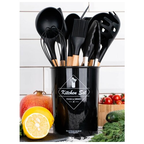 Набор кухонных принадлежностей из 11 предметов с деревянной ручкой цвет черный