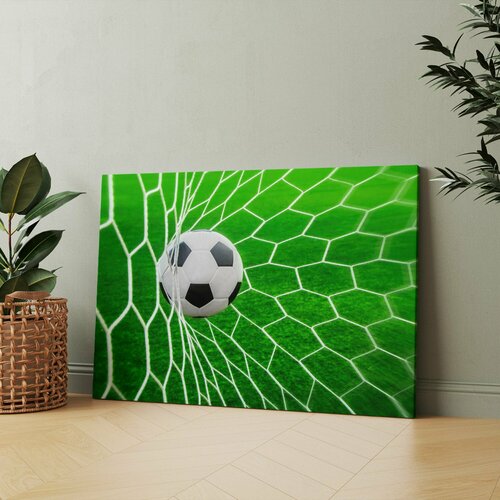 Картина на холсте (футбольный мяч в воротах на поле открытки с днем рождения мужчине) 80x100 см/для интерьера/в комнату/на стену/в подарок