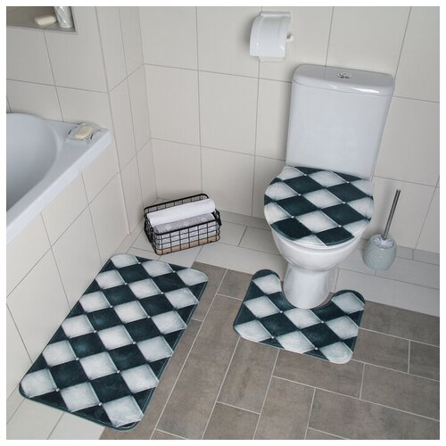 Набор ковриков для ванной и туалета Доляна «Ромбы», 3 шт: 37×45, 37×45, 45×75 см