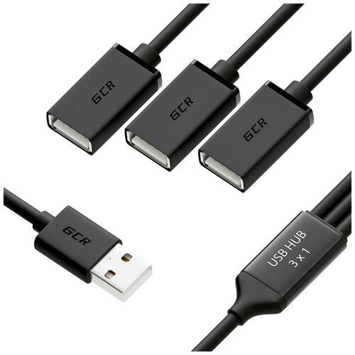 GCR USB Hub на 3 порта 0.35m гибкий AM / 3 х AF черный