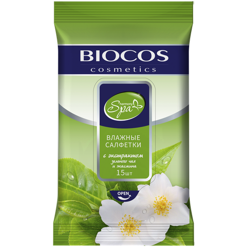 BioCos Влажные салфетки SPA harmony с экстрактом зеленого чая с жасмином, 15 шт.