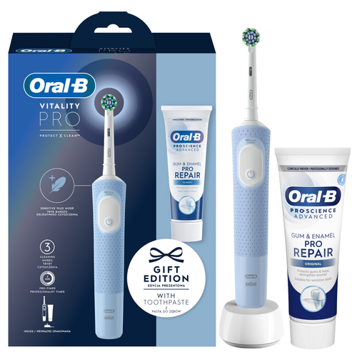 Электрическая зубная щетка Oral-B Vitality Pro Protect X Clean Vapor Blue + зубная паста Gum and Enamel Pro Repair, 75ml