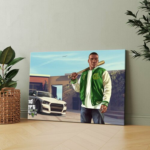 Картина на холсте (Мужчина в зеленой куртке держит бейсбольную биту) 30x40 см. Интерьерная, на стену.