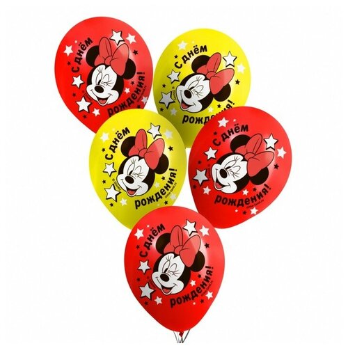 Воздушные шары цветные "С днем рождения", 12 дюйм (набор 5 шт), Минни Маус, 2 штуки