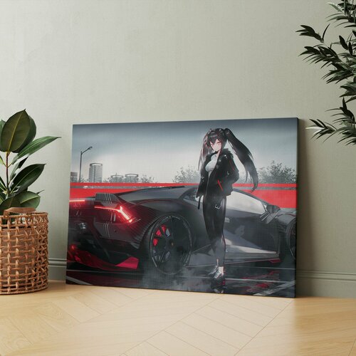 Картина на холсте "Женщина, стоящая рядом с футуристическим автомобилем" 60x80 см. Интерьерная, на стену.