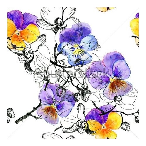 Постер на холсте Цветочный коллаж с разноцветными цветами анютиных глазок и графическим рисунком гирлянды с орхидеями на белом фоне 60см. x 60см.