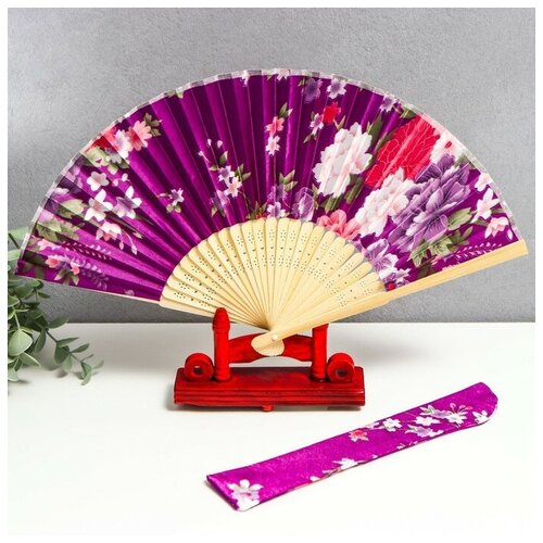 Веер бамбук, текстиль h=21 см "Цветы" с чехлом, фиолетовый./В упаковке шт: 1