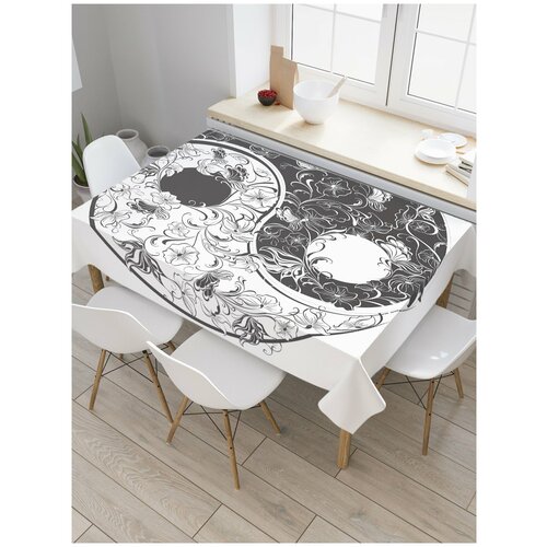 Скатерть прямоугольная JoyArty на кухонный стол "Инь и ян в цветах" из оксфорда, 180x145 см