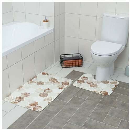 Доляна Набор ковриков для ванной и туалета Доляна «Соты», 2 шт: 79×50, 50×39 см, цвет коричнево-бежевый