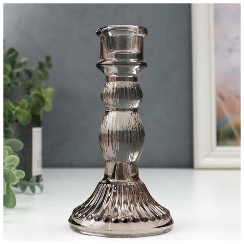 --- Подсвечник стекло на 1 свечу "Колонна с шарами" серый прозрачный 15,5х8,5х8,5 см