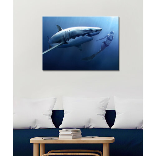 Картина -Акула, акула арт, акула рисунок, акула и человек (1) 50х70