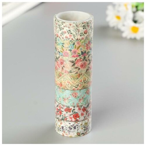 Клейкие WASHI-ленты для декора "цветочный микс", 15 мм х 3 м (набор 7 шт) рисовая бумага