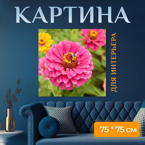 Картина на холсте "Цветок, розовый, пчела" на подрамнике 75х75 см. для интерьера