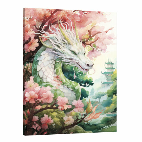 Интерьерная картина 50х70 "Зеленый дракон среди цветущих деревьев"