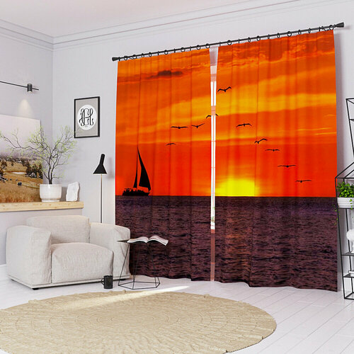 Фотошторы Оранжевый закат над морем Ш150xВ210 см. 2шт. Габардин на тесьме