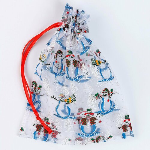 Мешок подарочный «Снеговики на лыжах», р. 25 × 32 см, органза