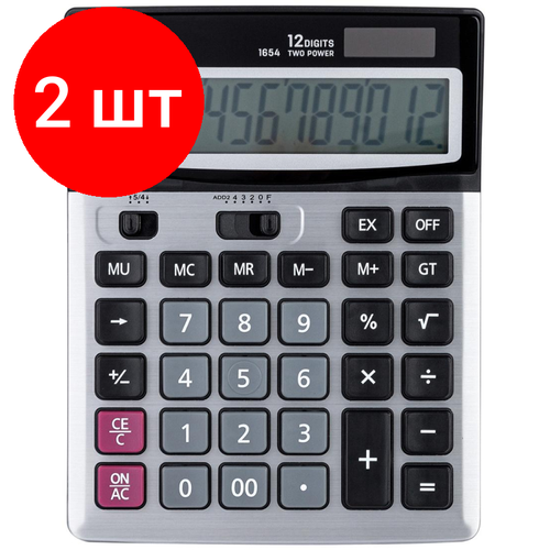 Комплект 2 штук, Калькулятор настольный полноразм. Deli E1654.12-р, дв. пит,186x147мм, мет, срб