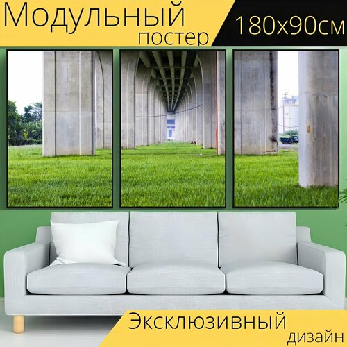 Модульный постер "Трава, поле, мост" 180 x 90 см. для интерьера