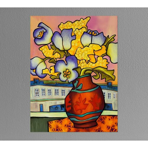 Картина для интерьера "Ваза на окне" Элиза Боунер 50х70 см натуральный холст. Коллекция - натюрморт, кубизм, пейзаж, мексиканская живопись.