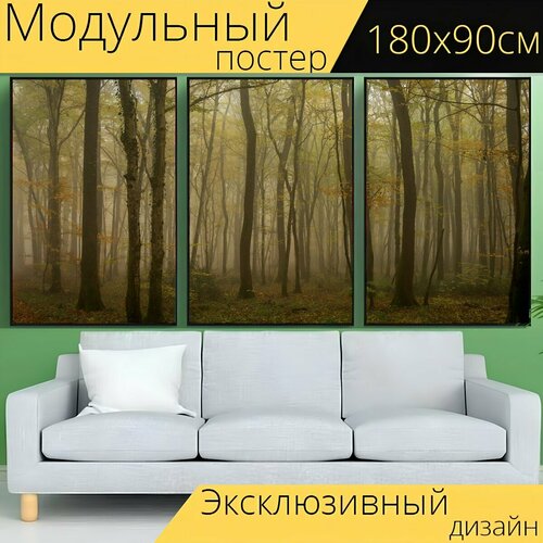 Модульный постер "Древесина, туман, лес" 180 x 90 см. для интерьера
