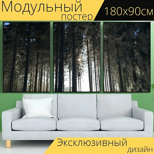 Модульный постер "Зимний лес, снег, лес" 180 x 90 см. для интерьера