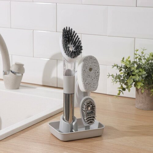Набор для чистки посуды Raccoon «Практик», ручка-дозатор, 4 щётки, держатель-стойка, цвет серый