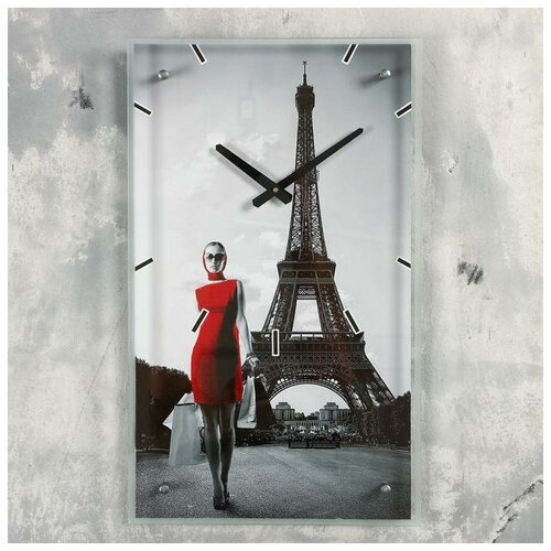 Часы настенные, серия: Люди, "Девушка в красном платье в Париже", 35х60 см