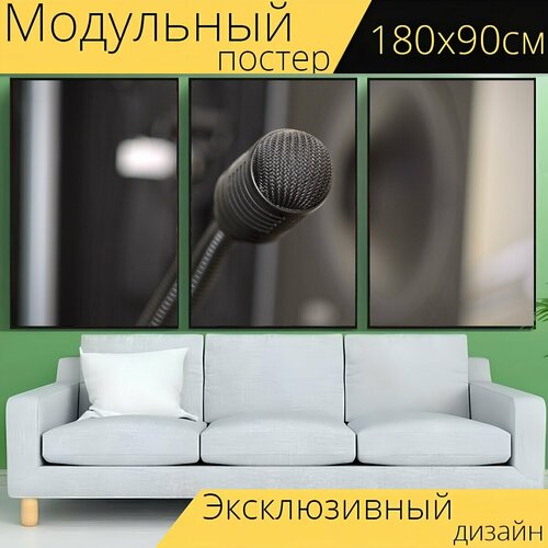 Модульный постер "Микрофон, аудио, радио" 180 x 90 см. для интерьера