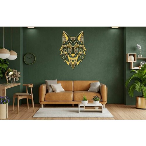 Декоративное панно деревянное, Геометрический волк (матовое золото)