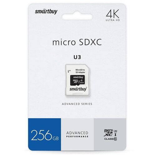 Карта памяти SmartBuy microSDXC 256 ГБ Class 10, UHS-I U3, R/W 90/55 МБ/с, адаптер на SD, 1 шт., белый