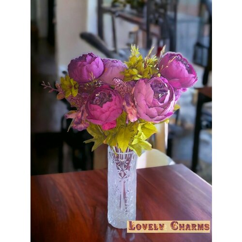 Пионы большой букет, 2 куста, 26 веток, искусственные цветы для декора интерьера, 55 см, фиолет