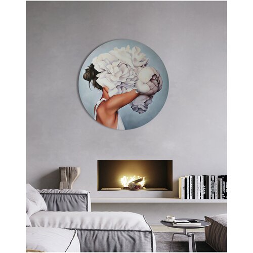 Круглая картина на хлопковом холсте "Девушка с пионами" от STUDIO A3 для интерьера / на стену / диаметр 50 см. (ECO - печать)