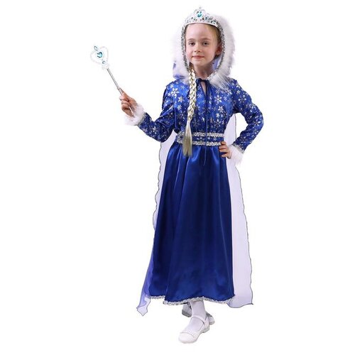 Карнавальный костюм Страна Карнавалия "Принцесса в синем" платье,коса,диадема,жезл,размер 134-140